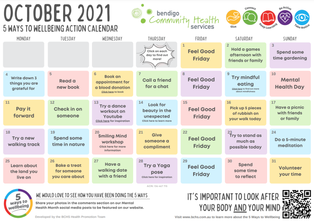 5 Ways to Wellbeing October Action Calendar for Mental Health Month - BCHS